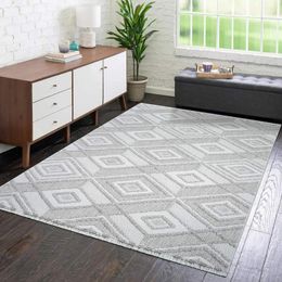 Carpet City Teppich &raquo;LINDO 8875&laquo; rechteckig 11 mm H&ouml;he Kurzflor, Hochtief-Muster/ 3D-Effekt, Fransen, Boho-Stil, Wohnzimmer beige Obermaterial: 100% Polyester