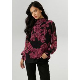 Aniston SELECTED Schlupfbluse mit Bl&uuml;ten- und Bl&auml;tterdruck und Smok-Eins&auml;tzen - NEUE KOLLEKTION bordeaux-schwarz 38 38 Bluse mit Bl&uuml;ten-, Ranken-...