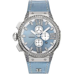 Chronograph Haemmer Germany "EMINENT", blau (hellblau, silberfarben), Armbanduhren, Damen, Quarzuhr, Damenuhr, Datum, Stoppfunktion, Saphirglas, Lederarmband