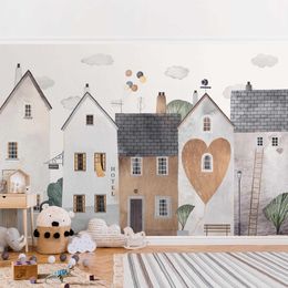 Bilderwelten Fototapete Aquarell H&auml;user Kinderzimmer Babyzimmer - M&auml;dchen Junge Baby - Vliestapete Kindertapete Boho Stadt M&auml;dchentapete