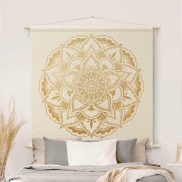 Bilderwelten Wandteppich Spirituell gold Illustration Stoffbild - Mandala Blume gold weiß - Ornamente Wohnzimmer Schlafzimmer