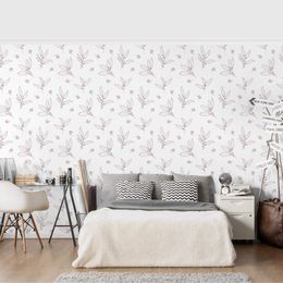 Bilderwelten Fototapete Vliestapete Tropisch Wandtapete rosa - Illustrierte Zweige Muster Rosa - Pflanzen Wohnzimmer Schlafzimmer