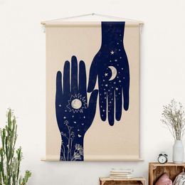Bilderwelten Wandteppich originell blau modern Stoffbild - Hamsa Handpaar - Wandbild Wohnzimmer Schlafzimmer