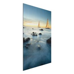 Bilderwelten Alu Dibond Outdoor Bild Strand blau Motiv Steinoptik - Segelschiffe im Ozean - Fahrzeuge Wohnzimmer Schlafzimmer