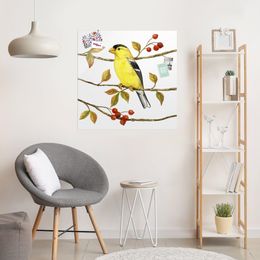 Bilderwelten Glasbild Tiere Vintage weiss Glas Wandbild - V&ouml;gel und Beeren - Goldzeisig - Retro Wohnzimmer Schlafzimmer