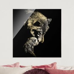 Bilderwelten Glasbild Tiere Motiv schwarz weiss Glas Wandbild - Wolf vor Schwarz - Deko Wohnzimmer Schlafzimmer