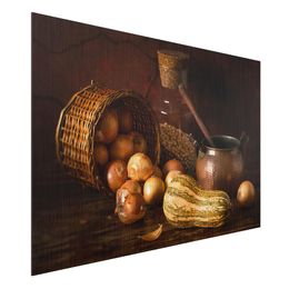 Bilderwelten Alu Dibond Outdoor Bild Kulinarisch braun modern wetterfest - Stillleben mit Zwiebeln - Gem&uuml;se K&uuml;che