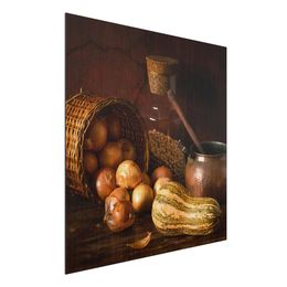 Bilderwelten Alu Dibond Outdoor Bild Kulinarisch braun modern wetterfest - Stillleben mit Zwiebeln - Gem&uuml;se K&uuml;che