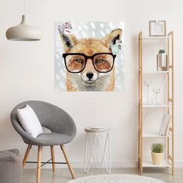 Bilderwelten Glasbild Tiere Illustration pastell Glas Wandbild - Bebrillte Tiere - Fuchs - Deko Kinderzimmer Baby M&auml;dchen Jungen