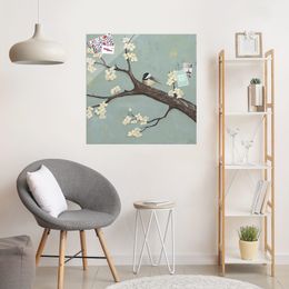 Bilderwelten Glasbild Blumen Landhaus gr&uuml;n Glas Wandbild - Meise auf Kirschbaum - Kirschbl&uuml;te Wohnzimmer Schlafzimmer