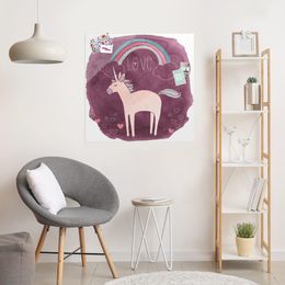 Bilderwelten Glasbild Tiere Illustration violett Glas Wandbild - Einhorn-Truppe - Love - Einhorn Wohnzimmer Schlafzimmer
