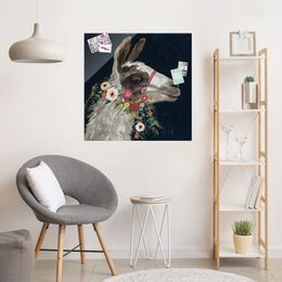 Bilderwelten Glasbild Tiere modern schwarz Glas Wandbild - Lama mit Blumenschmuck I - Deko Wohnzimmer Schlafzimmer