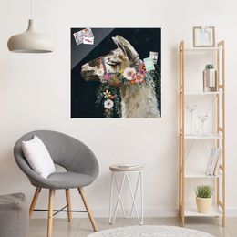 Bilderwelten Glasbild Tiere modern schwarz Glas Wandbild - Lama mit Blumenschmuck II - Deko Wohnzimmer Schlafzimmer
