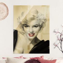 Bilderwelten Glasbild Portrait Vintage grau Glas Wandbild - Marilyn auf Sofa - Retro Wohnzimmer Schlafzimmer