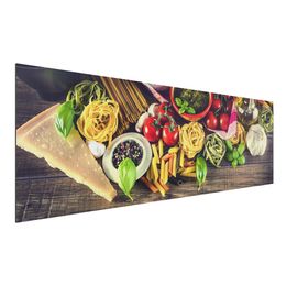 Bilderwelten Alu Dibond Outdoor Bild Kulinarisch bunt Motiv Holzoptik - Pasta - Deko K&uuml;che