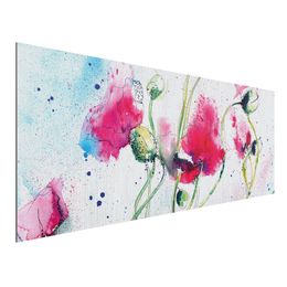 Bilderwelten Alu Dibond Outdoor Bild Blumen violett modern Aquarell - Painted Poppies - Mohn Wohnzimmer Schlafzimmer