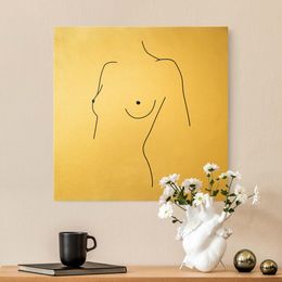 Bilderwelten Leinwandbild Gold Line Art Akt B&uuml;ste Frau Schwarz Wei&szlig; - Wandbilder XXL Print Akt Illustration Kunstdruck Line Art Portrait Wohnzimmer Schlafzimmer