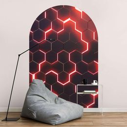 Bilderwelten Rundbogen Tapete Strukturierte Hexagone mit Neonlicht in Rot - Schlafzimmer Wohnzimmer - hinterm Bett - halbrund rund - selbstklebend Fototapete