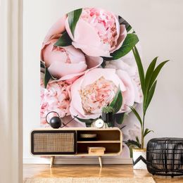 Bilderwelten Rundbogen Tapete Rosa Pfingstrosen mit Bl&auml;ttern - Schlafzimmer Wohnzimmer - hinterm Bett - halbrund rund - selbstklebend Fototapete