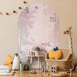 Bilderwelten Rundbogen Tapete Tiere Illustration Wandtapete rosa - Einhorn auf Blumenwiese in Rosa - Einhorn Kinderzimmer Baby M&auml;dchen Jungen