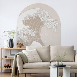 Bilderwelten Rundbogen Tapete Strand modern Wandtapete beige - Die gro&szlig;e Welle von Kanagawa Beige - Landschaft Wohnzimmer Schlafzimmer