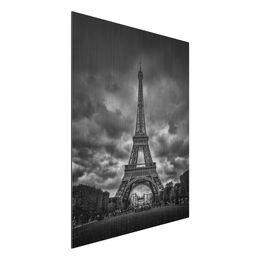 Bilderwelten Alu Dibond Outdoor Bild Stadt schwarz weiss Motiv wetterfest - Eiffelturm vor Wolken schwarz-wei&szlig; - Architektur Wohnzimmer Schlafzimmer