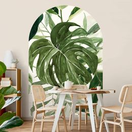 Bilderwelten Rundbogen Tapete Aquarell Tropisches Arrangement mit Monstera - Schlafzimmer Wohnzimmer - hinterm Bett - halbrund rund - selbstklebend Fototapete