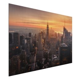 Bilderwelten Alu Dibond Outdoor Bild Stadt orange Motiv wetterfest - Manhattan Skyline Abendstimmung - Architektur Wohnzimmer Schlafzimmer
