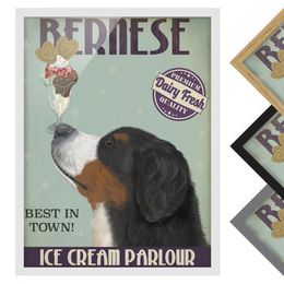 Bilderwelten Bild mit Rahmen Tiere t&uuml;rkis Illustration inkl. Rahmung - Berner Sennenhund mit Eis - Deko Wohnzimmer Schlafzimmer