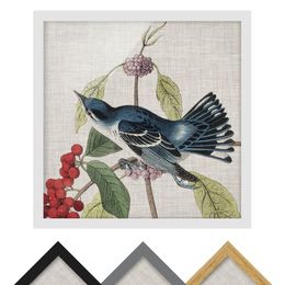 Bilderwelten Bild mit Rahmen Blumen beige Vintage inkl. Rahmung - Vogel auf Leinen Rosa II - Retro Wohnzimmer Schlafzimmer