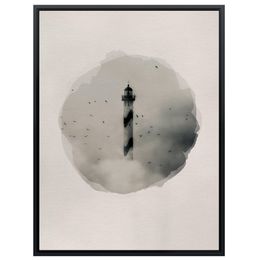 Bilderwelten Leinwandbild - Hochformat Wasserfarben - Leuchtturm im Nebel