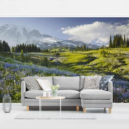 Bilderwelten Fototapete Bergwiese mit blauen Blumen vor Mt. Rainier