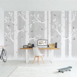 Bilderwelten Fototapete Wald Illustration Wandtapete grau - Birkenwald mit Schmetterlingen und V&ouml;gel - B&auml;ume Kinderzimmer Baby M&auml;dchen Jungen