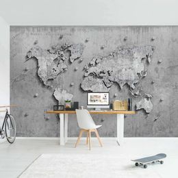 Bilderwelten Fototapete Weltkarte Fotomontage Steinoptik einzigartig - Beton Weltkarte - Karten Wohnzimmer Schlafzimmer