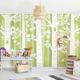Bilderwelten Fototapete Wald Illustration Wandtapete gr&uuml;n - B&auml;ume im Wald Gr&uuml;n - B&auml;ume Kinderzimmer Baby M&auml;dchen Jungen