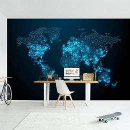 Bilderwelten Fototapete Weltkarte Illustration Wandtapete blau - Connected World Weltkarte - Karten Wohnzimmer Schlafzimmer