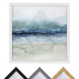 Bilderwelten Bild mit Rahmen Strand blau Abstrakt Aquarell - Mariner Nebel I - Landschaft Wohnzimmer Schlafzimmer