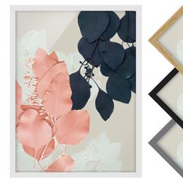 Bilderwelten Bild mit Rahmen Blumen rosa Tropisch inkl. Rahmung - Bl&auml;tter Indigo & Rouge II - Pflanzen Wohnzimmer Schlafzimmer