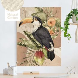Bilderwelten Leinwandbild Tiere Tropisch Aquarell gold - Tropische V&ouml;gel - Tukan - Pflanzen XXL Jugendzimmer