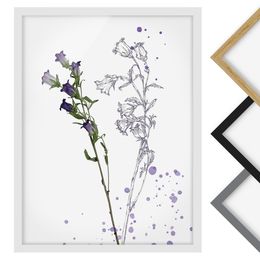 Bilderwelten Bild mit Rahmen Blumen weiss Vintage Aquarell - Botanisches Aquarell - Glockenblume - Retro Wohnzimmer Schlafzimmer