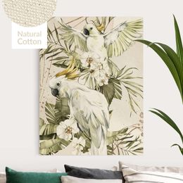Bilderwelten Leinwandbild Tiere Tropisch Aquarell gold - Tropische V&ouml;gel - Wei&szlig;e Kakadus - Pflanzen XXL Jugendzimmer