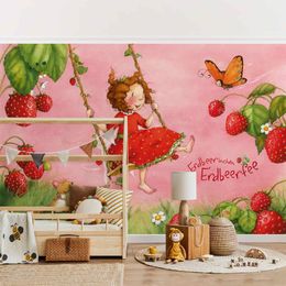 Bilderwelten Fototapete Vliestapete Illustration Aquarell rosa - Erdbeerinchen Erdbeerfee - Baumschaukel - Deko Kinderzimmer Baby M&auml;dchen Jungen