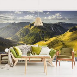 Bilderwelten Fototapete Natur Landhaus Wandtapete gr&uuml;n - Berge und Tal der Lechtaler Alpen in Tirol - Himmel Wohnzimmer Schlafzimmer