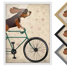 Bilderwelten Bild mit Rahmen Tiere blau Vintage inkl. Rahmung - Radtour - Basset auf Fahrrad - Retro Wohnzimmer Schlafzimmer
