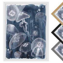Bilderwelten Bild mit Rahmen Tiere blau maritim Aquarell - Mondmedusen I - Deko Wohnzimmer Schlafzimmer