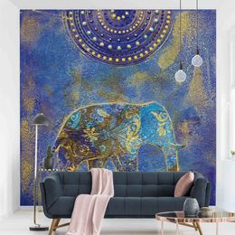 Bilderwelten Mustertapete Tiere Orientalisch Steinoptik blau - Elephant in Marrakech - Elefant Wohnzimmer Schlafzimmer