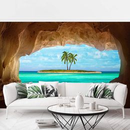 Bilderwelten Fototapete Strand Tropisch 3D-Effekt beige - Blick ins Paradies - Palme Wohnzimmer Schlafzimmer