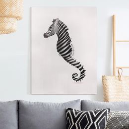 Bilderwelten Leinwandbild Jonas Loose Pop Art Tiere Seepferdchen mit Zebrastreifen - Leinwanddruck Hochformat - Wandbild S-XXL - moderne Bilder auf Leinwand Flur