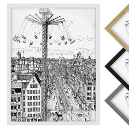 Bilderwelten Bild mit Rahmen originell beige Illustration inkl. Rahmung - Stadtstudie - Kettenkarussell - Architektur Wohnzimmer Schlafzimmer