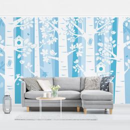 Bilderwelten Fototapete Wald Illustration Wandtapete blau - B&auml;ume im Wald Blau - B&auml;ume Kinderzimmer Baby M&auml;dchen Jungen